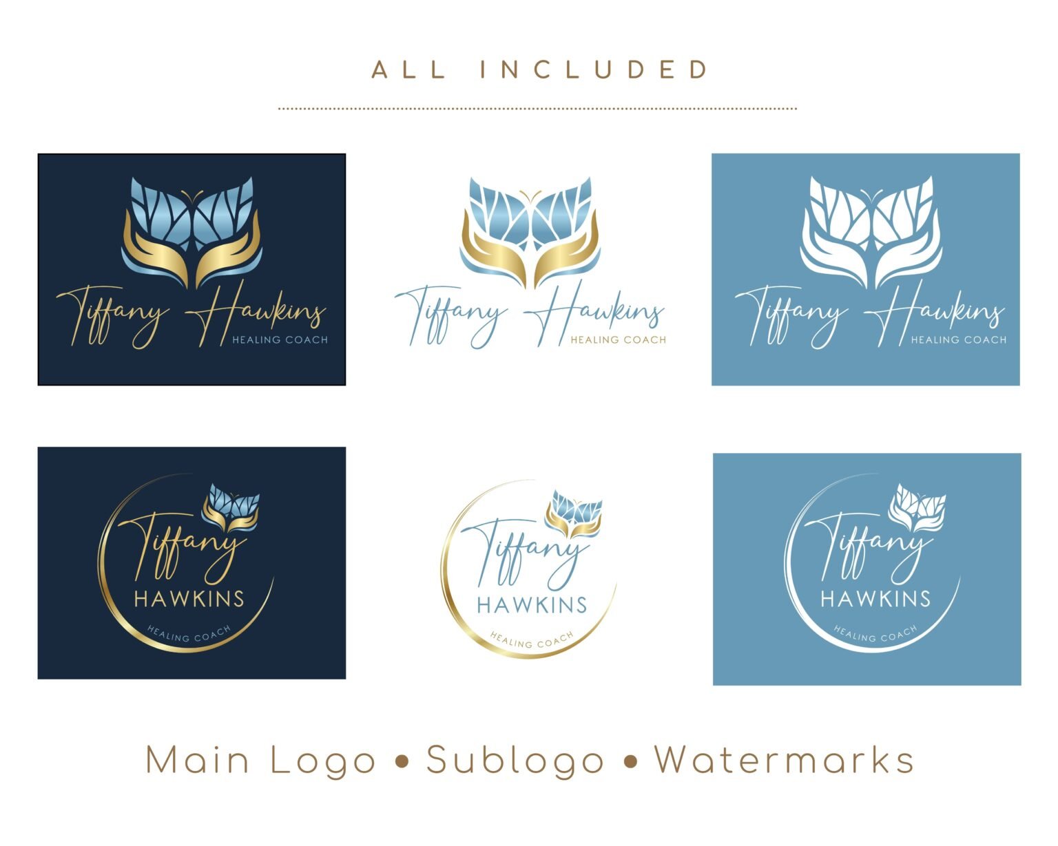 Premade Logo, Custom Wellness Logo. Healing Butterfly Blue and Gold ...