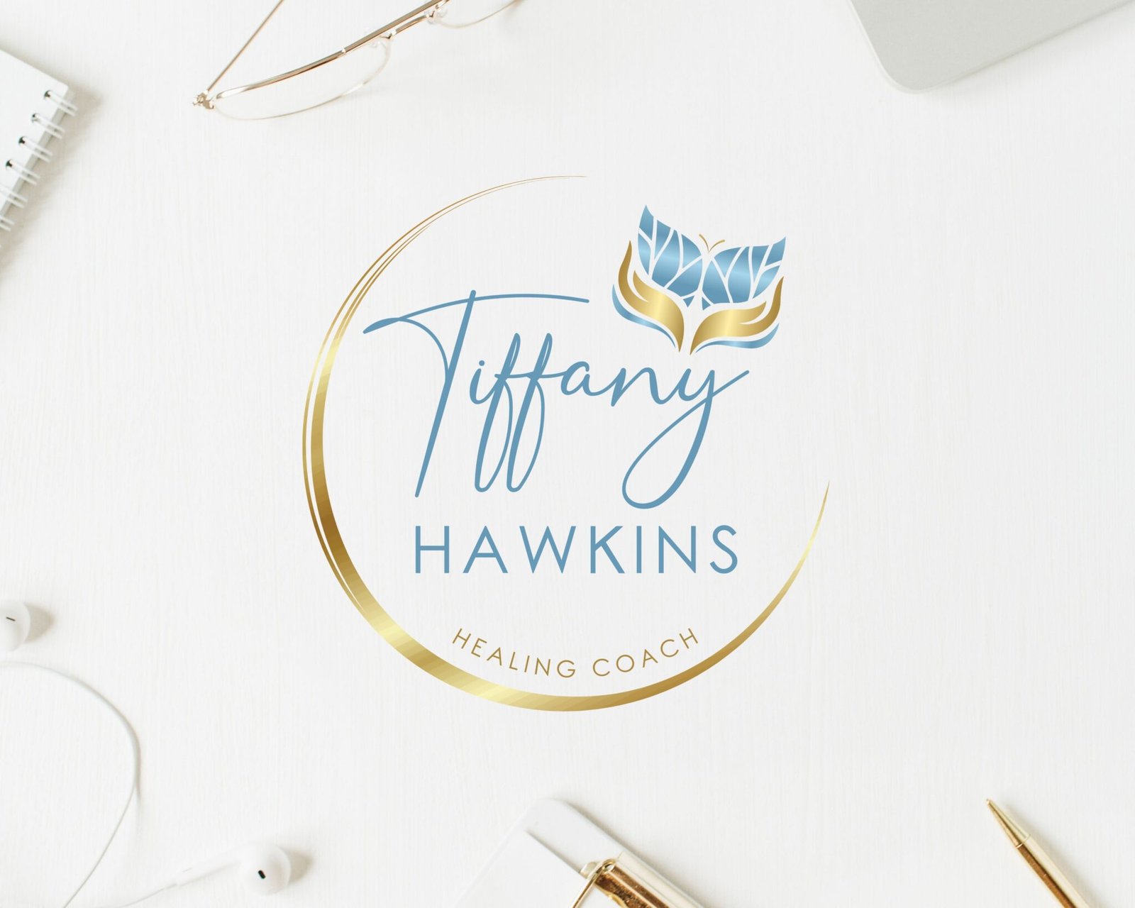 Premade Logo, Custom Wellness Logo. Healing Butterfly Blue and Gold ...